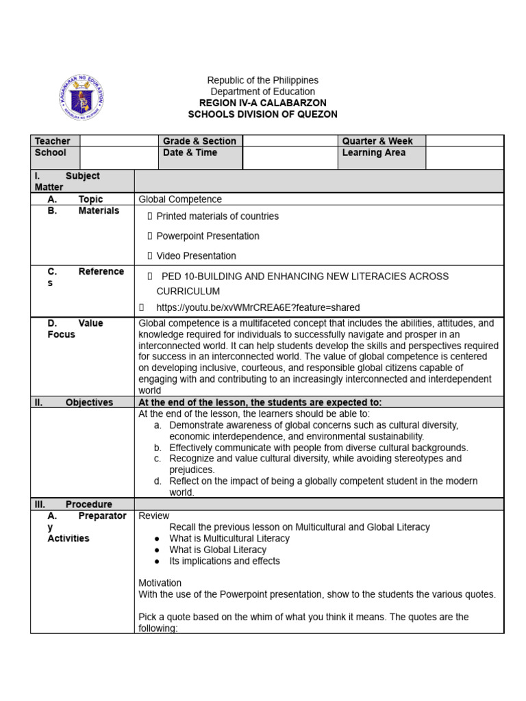 Lesson Plan (PED10) Global Competence | PDF | Literacy | Cognition