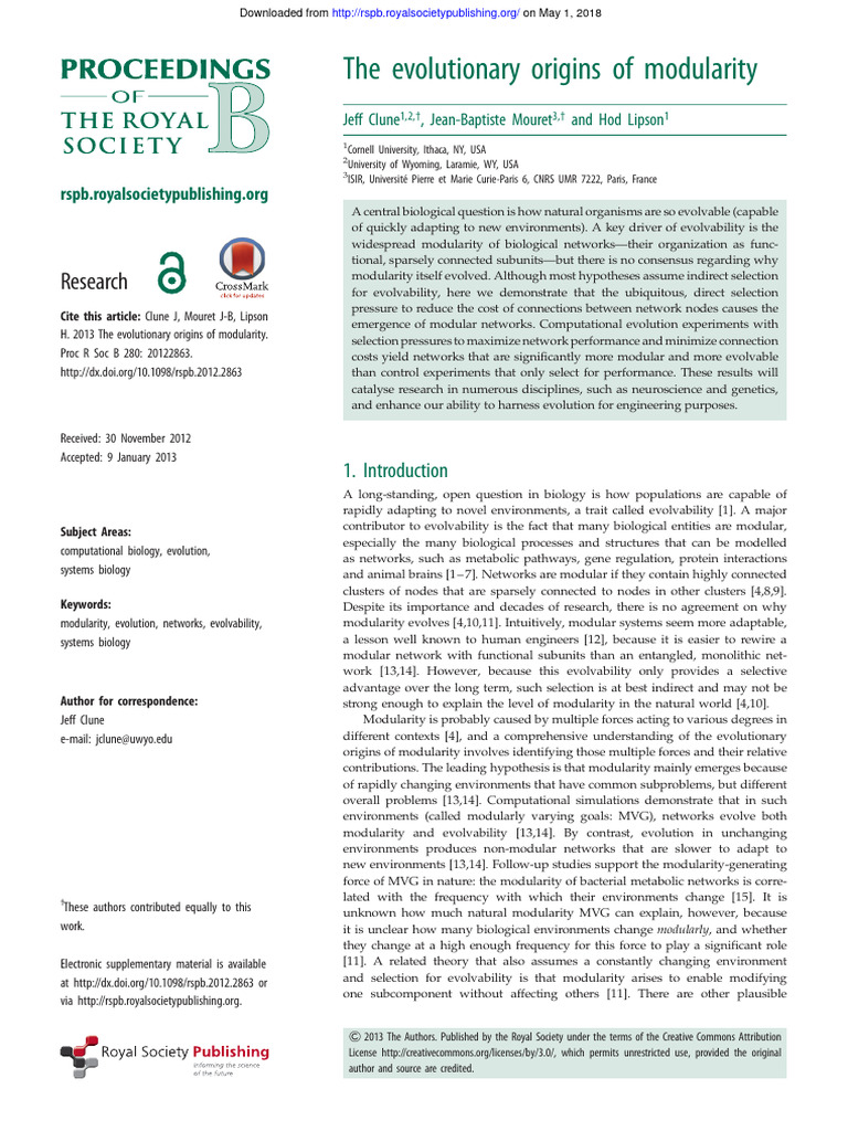 The Evolutionary Origins Of Modularity Pdf Evolution Natural 0322