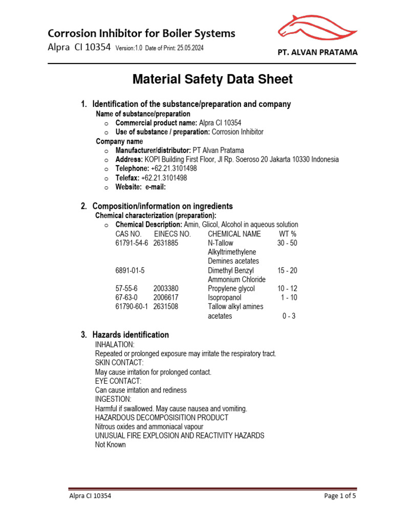 MSDS Alpra 10354 for Boiler System. | PDF | Water | Waste