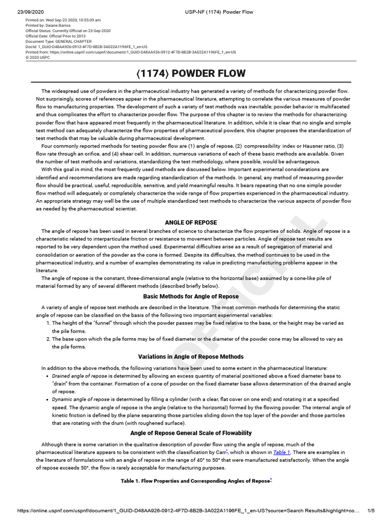 USP-NF 1174 Powder Flow | PDF | Density | Volume