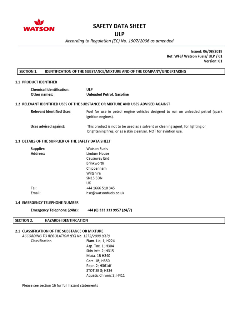 Unleaded Petrol Safety Data Sheet | PDF | Personal Protective Equipment ...