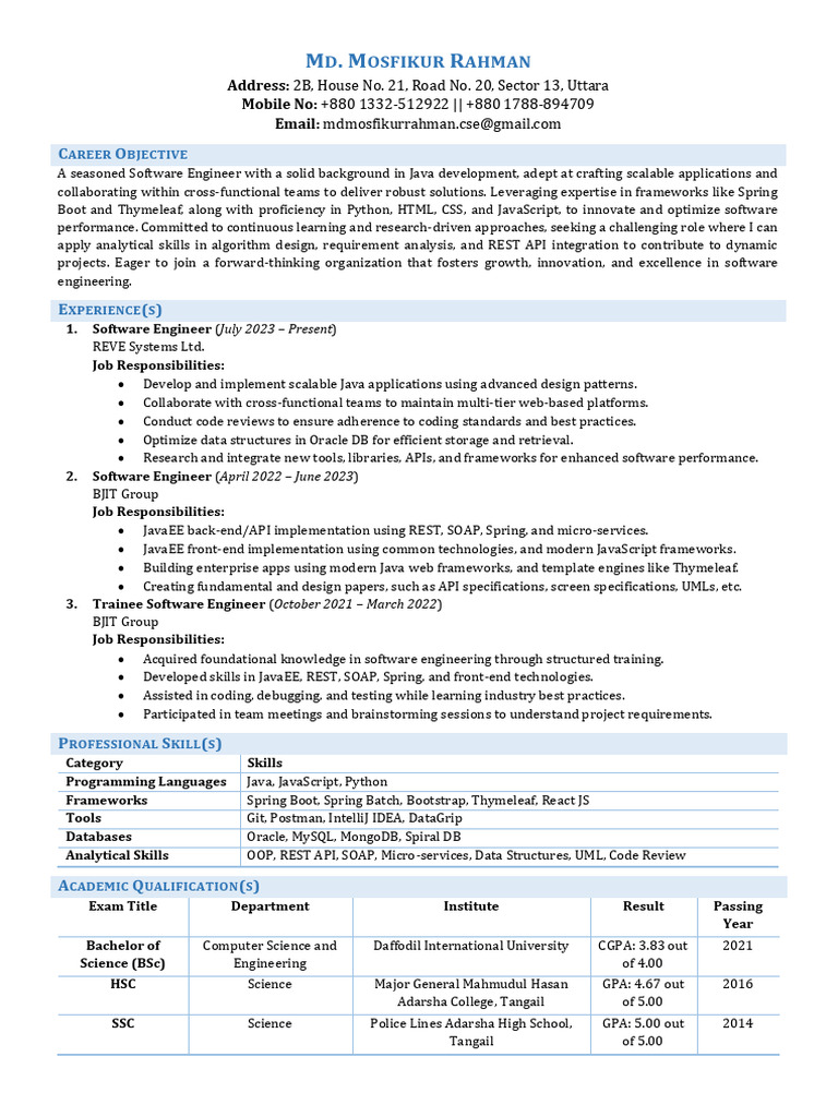 CV - MD Mosfikur Rahman | PDF | Software | Java (Programming Language)