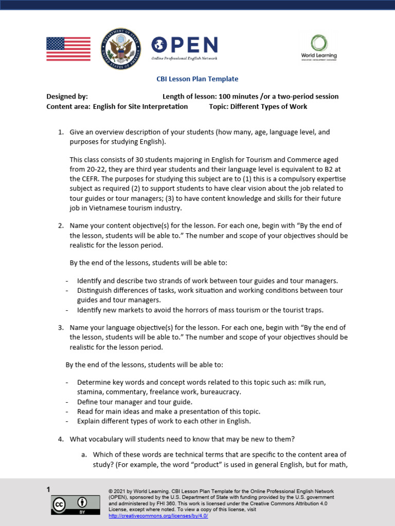 Content-Based Instruction - Lesson Plan Template | PDF | Lesson Plan ...