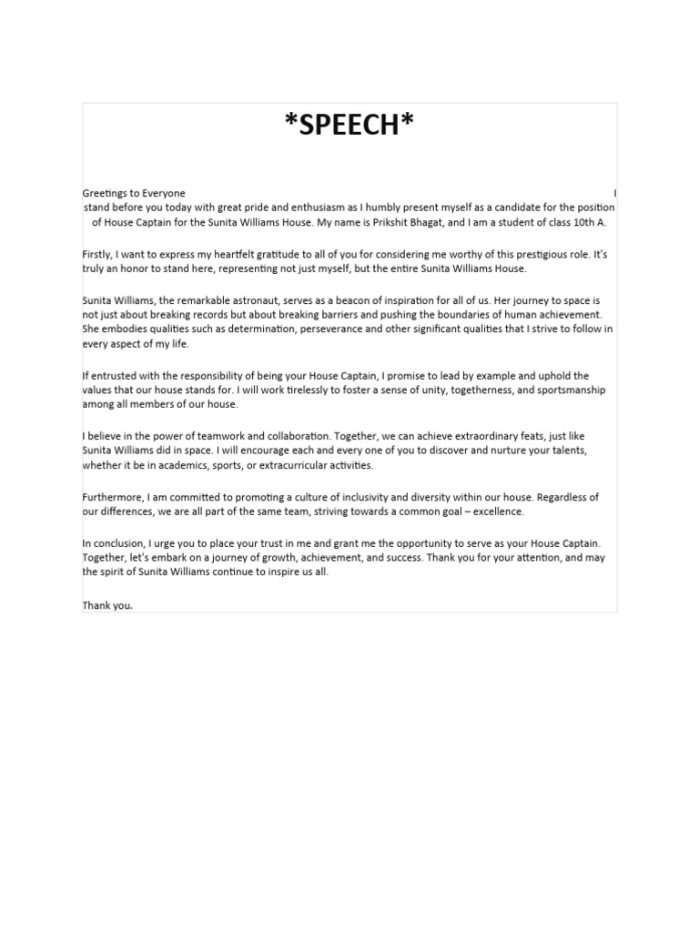 Speech For House Captain, Prikshit Bhagat 10th A | PDF
