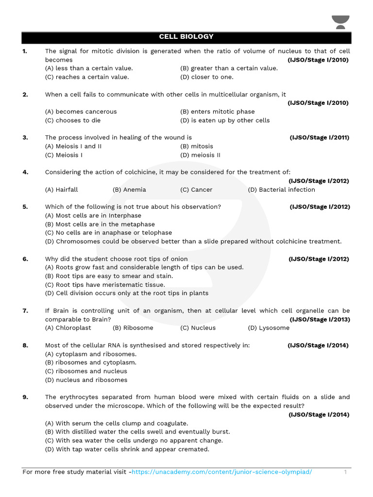 1.-Cell-Biology-Questions | PDF | Cell (Biology) | Mitosis