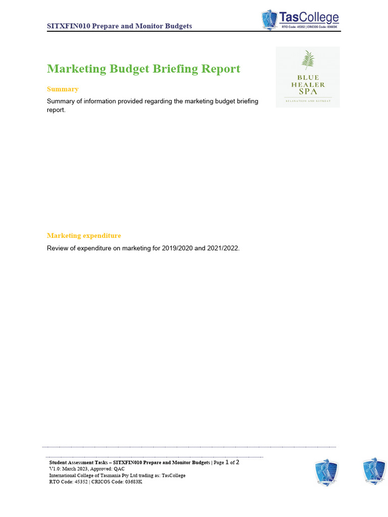 SITXFIN010 - V1.0 - Marketing Budget Briefing Report Template.v1.0 | PDF