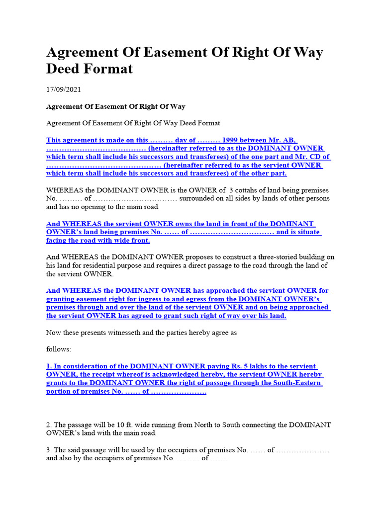 Easement Right of Way Agreement Template | PDF | Natural Resources Law ...