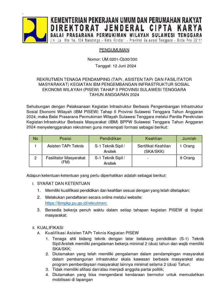 Pengumuman Rekrutmen Tenaga Pendamping Kegiatan IBM PISEW Tahap II Provinsi Sulawesi Tenggara TA ...