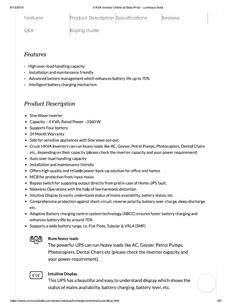 Luminous Cruze Plus 4 Kva Sine Wave Inverter | PDF