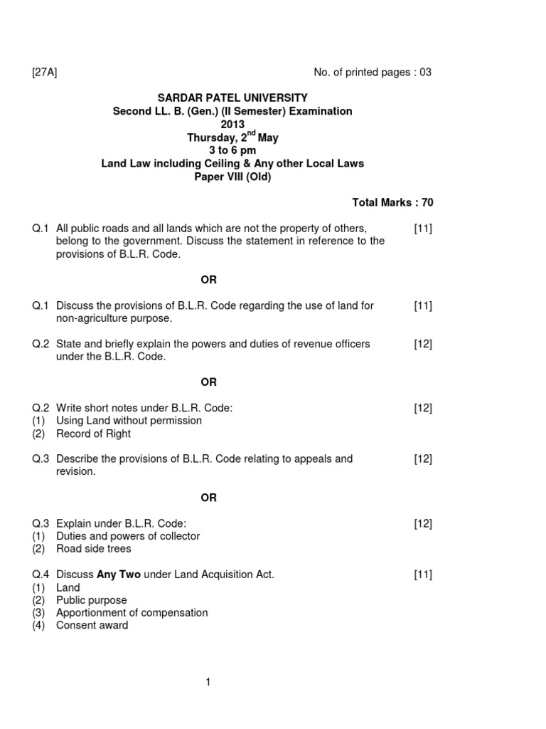 Land Law Including Ceiling & Any Other Local Laws Paper VIII (Old) | PDF