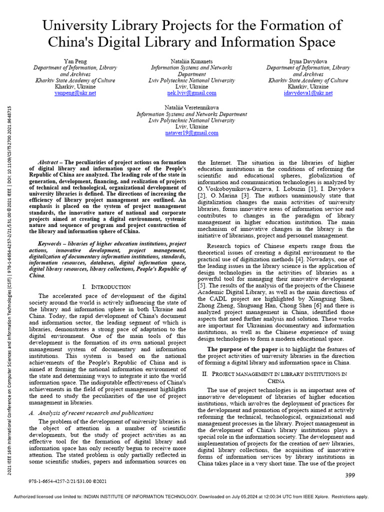 University Library Projects for the Formation of Chinas Digital Library and Information Space ...