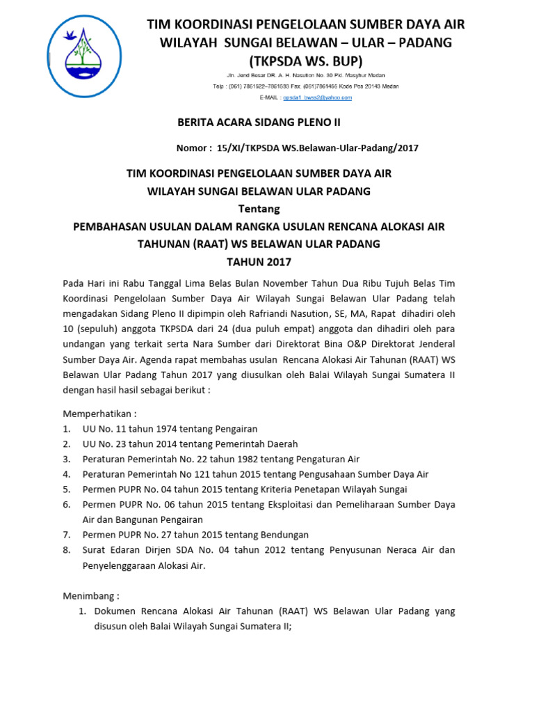 Berita Acara Sidang Pleno II Tkpsda Ws Bup | PDF