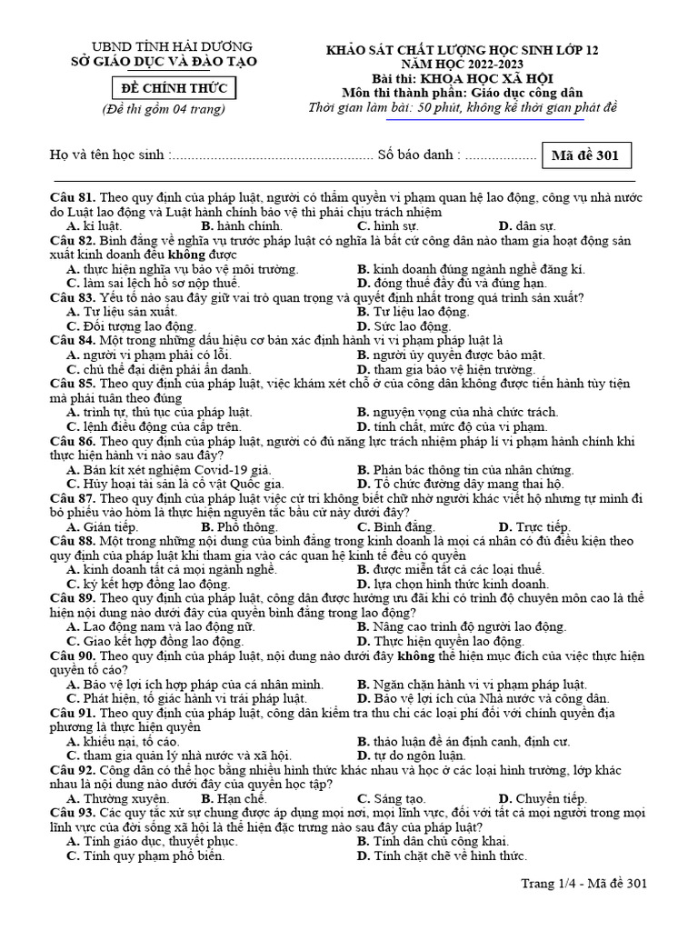 De Khao Sat Chat Luong GDCD 12 Nam 2022 2023 So GDDT Hai Duong | PDF