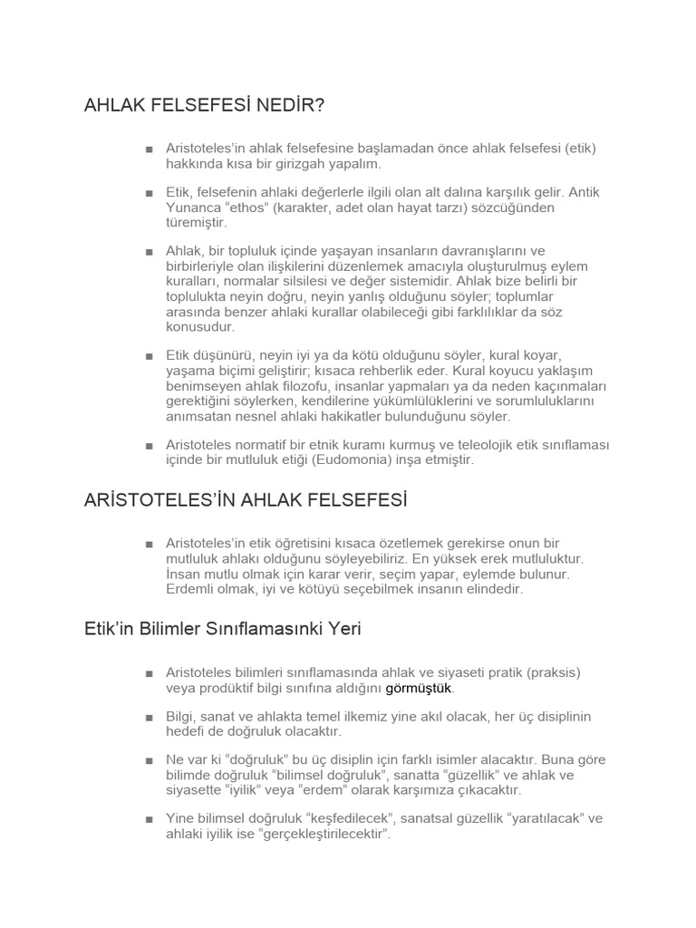 Aristo Ahlak Felsefesi | PDF