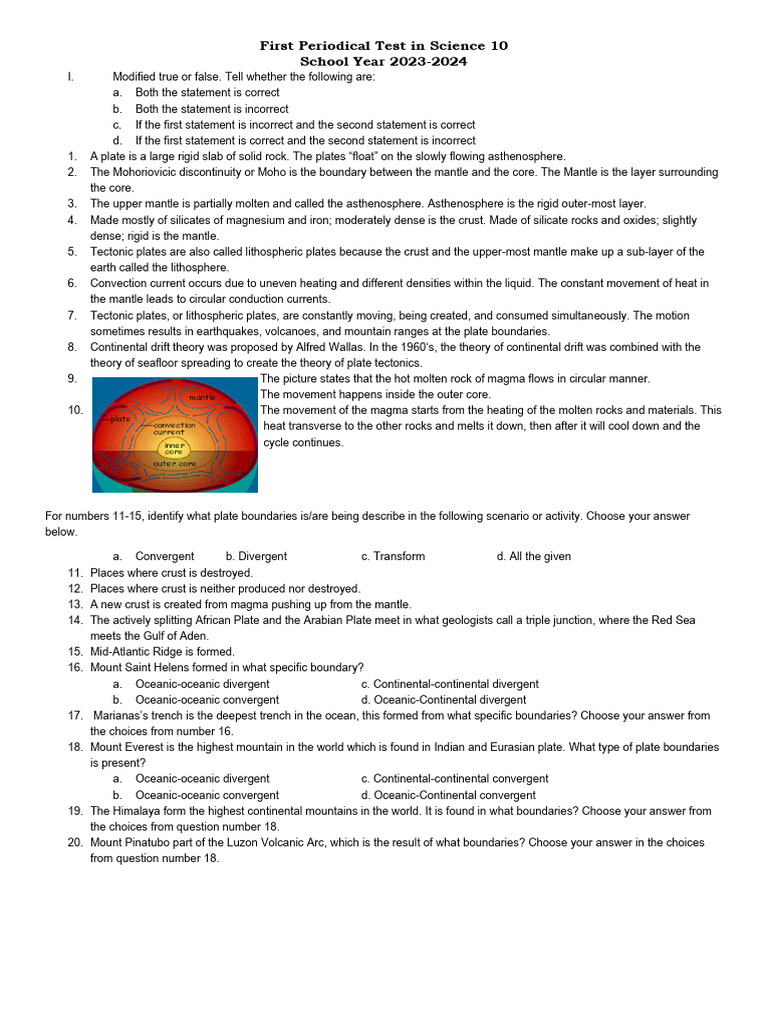 FIrst Periodical Test in Science 10 | PDF | Plate Tectonics | Magma