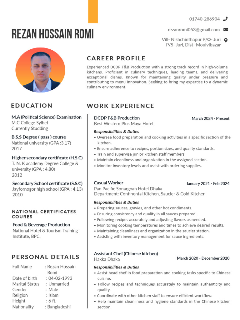Rezan Hossain Romi Resume | PDF | Chef | Cooking