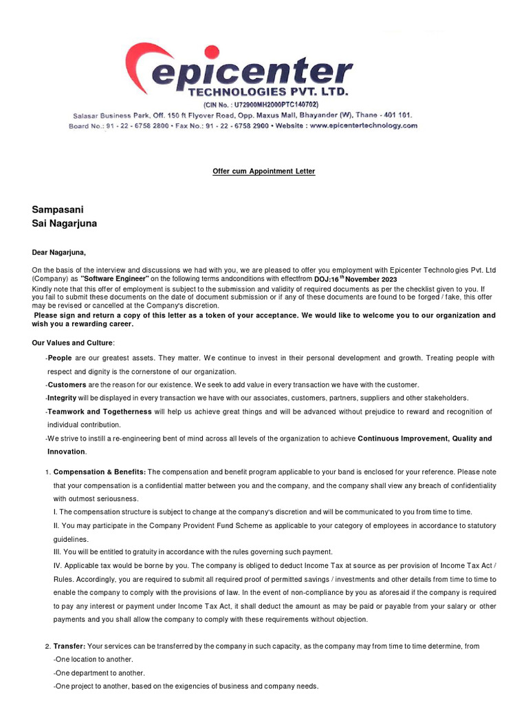 Antony - Offer Letter | PDF | Employment | Salary