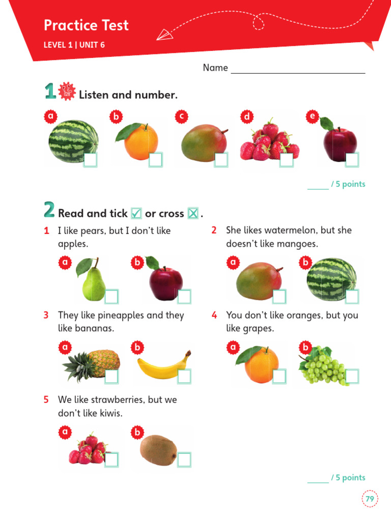 Level 1 Unit 6 Practice Test | PDF | Edible Plants | Edible Fruits