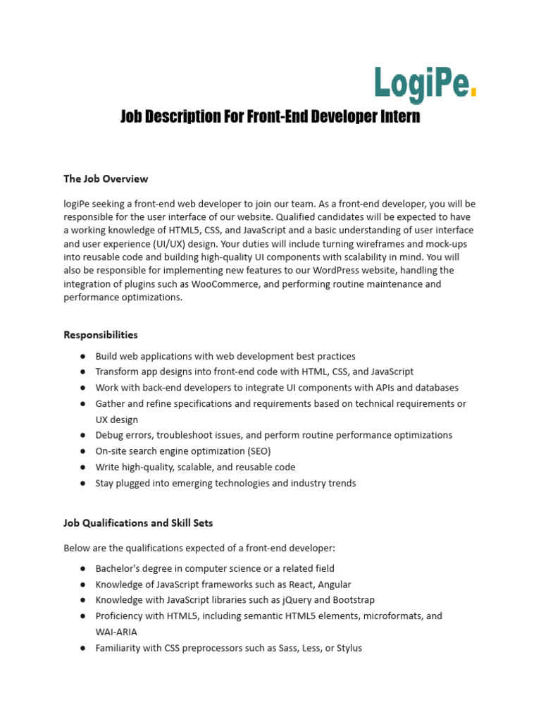 Job Description For Front-End Developer | PDF