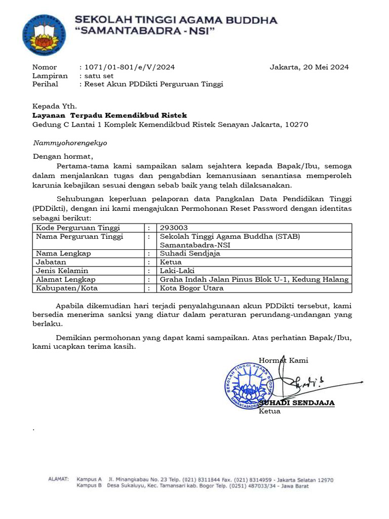Permohonan Reset Akun PDDikti Perguruan Tinggi | PDF