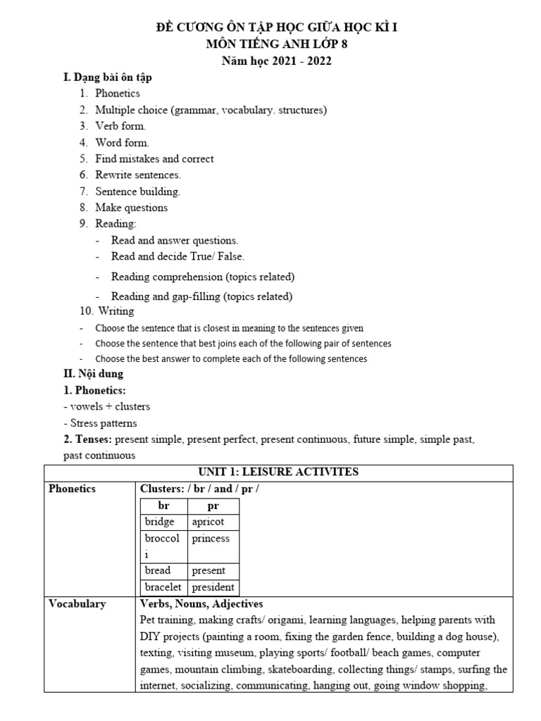 ĐỀ CƯƠNG ÔN TẬP K8 GHKI (2021-2022) | PDF | Verb | Adjective