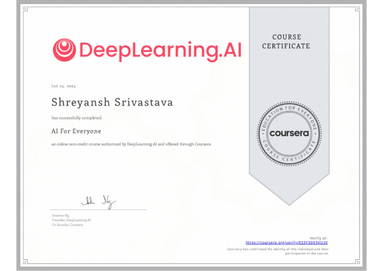 AI For Everyone Certificate Coursera | PDF