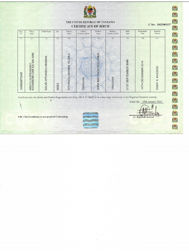 Cheti Cha Kuzaliwa | PDF