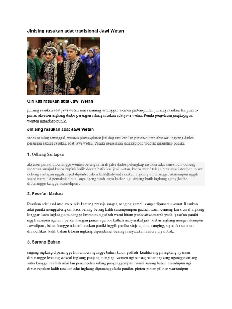 Jinising Rasukan Adat Tradisional Jawi Wetan | PDF