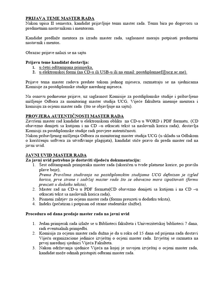 Procedura Prijave, Izrade I Odbrane Master Rada | PDF
