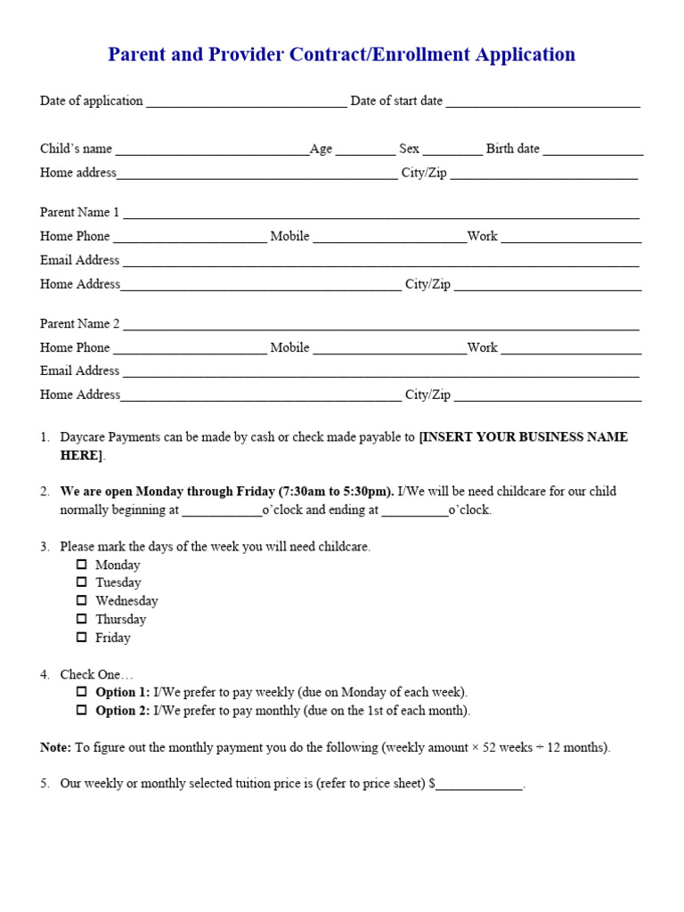 Parent and Provider Contract Enrollment Daycare Application | PDF ...