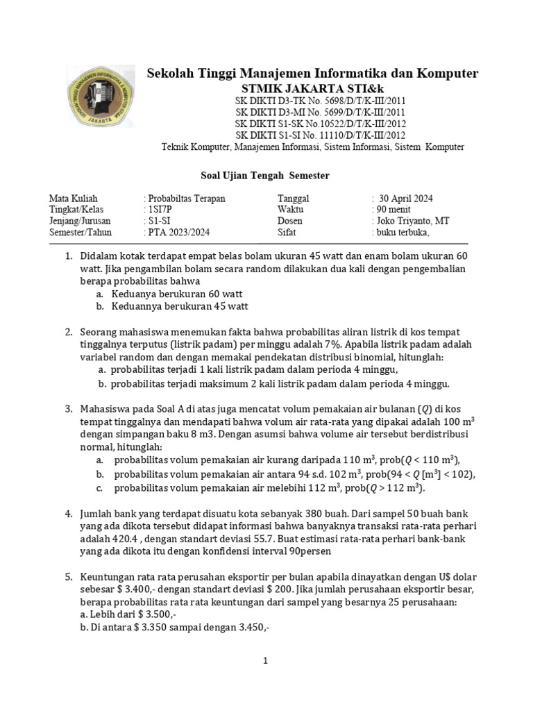2024 UTS STIK Probabiltas Terapan Kelas 1SI7P | PDF