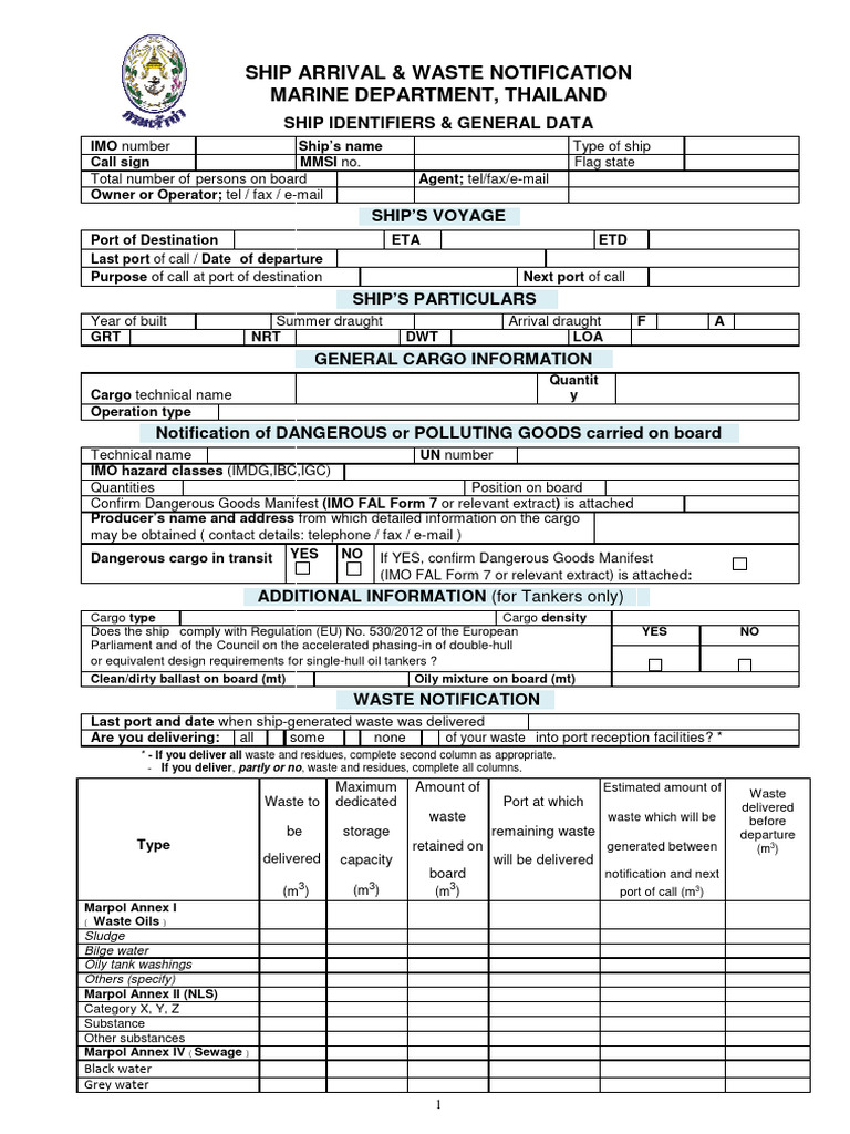 Ship Arrival Waste Notification Form | PDF | Waste | Dangerous Goods