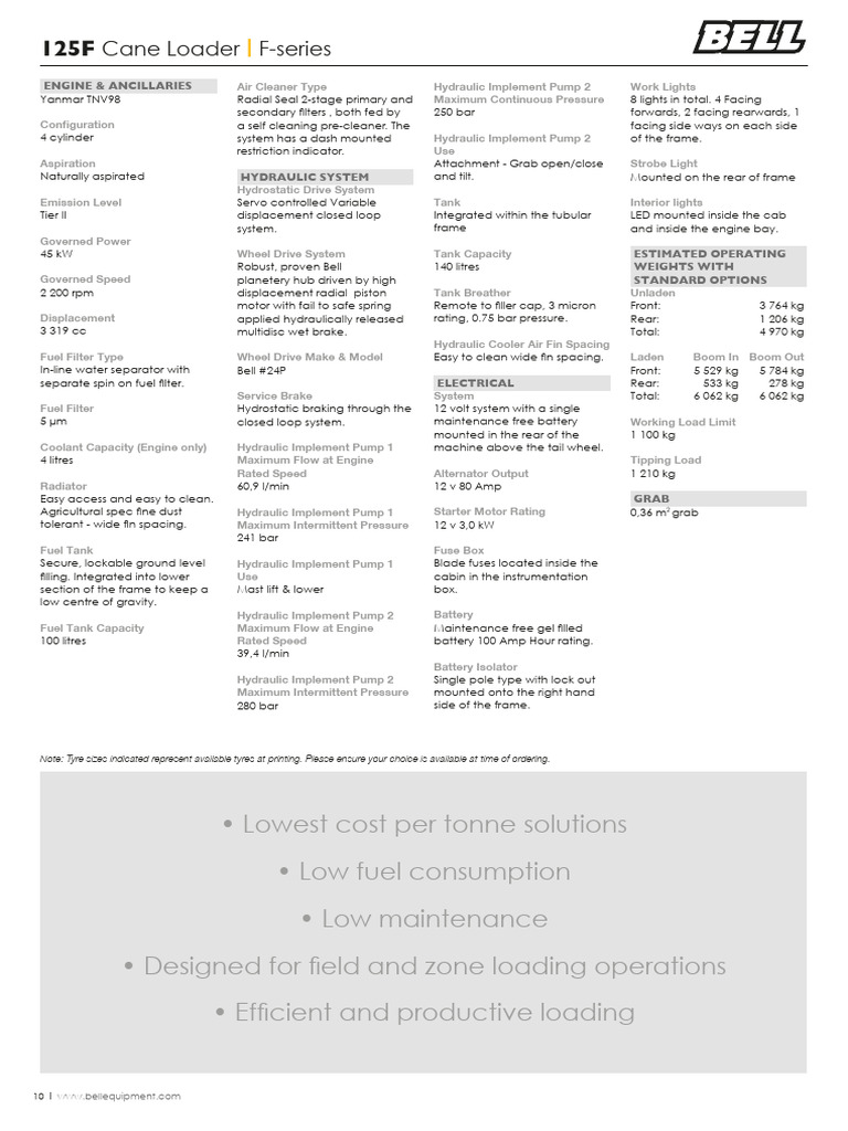 125F Cane Loader Specifications | PDF | Pump | Engines