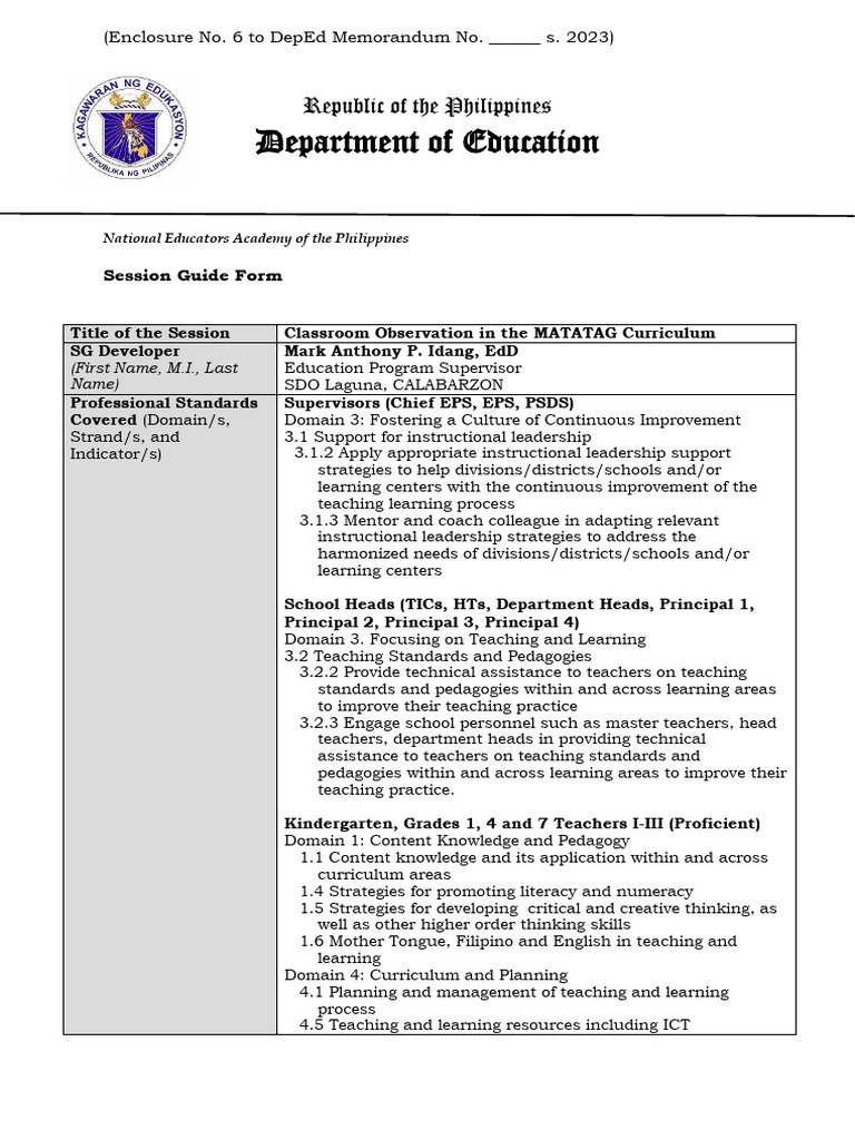 SG_Class Observation | PDF | Teachers | Curriculum