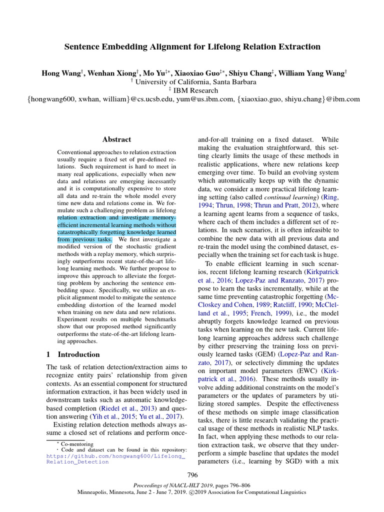 Sentence Embedding Alignment For Lifelong Relation Extraction | PDF | Learning | Data