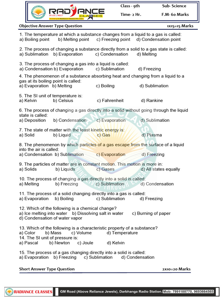 Final Question of Science for Class 9th | PDF | Gases | Liquids
