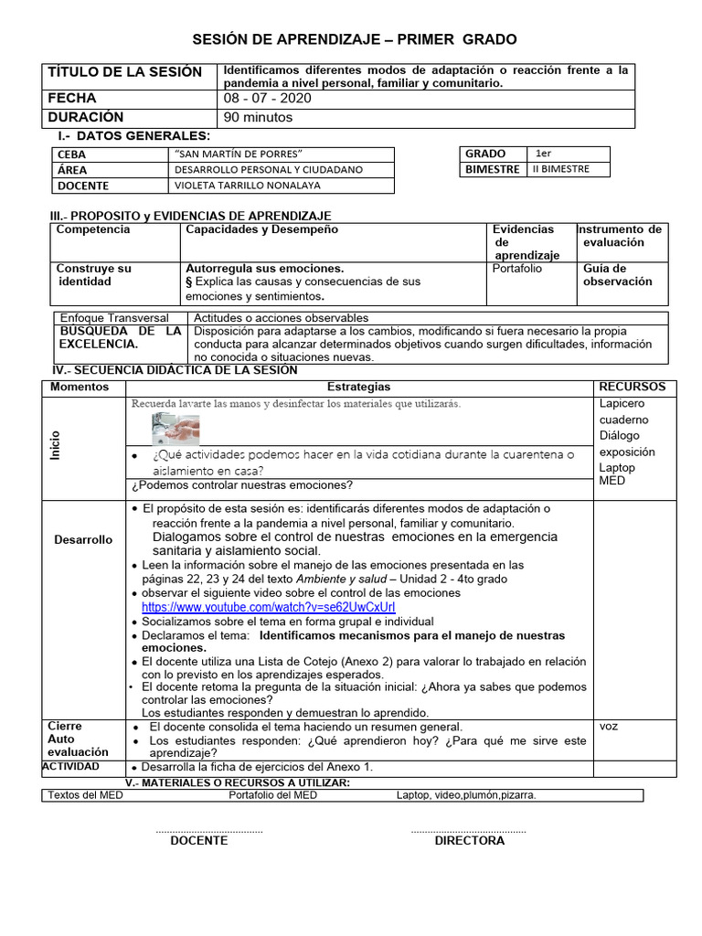 SESIÓN DE APRENDIZAJE PRIMER GRADO Miércoles 08 de JULIO SEMANA 14 | PDF | Las emociones ...