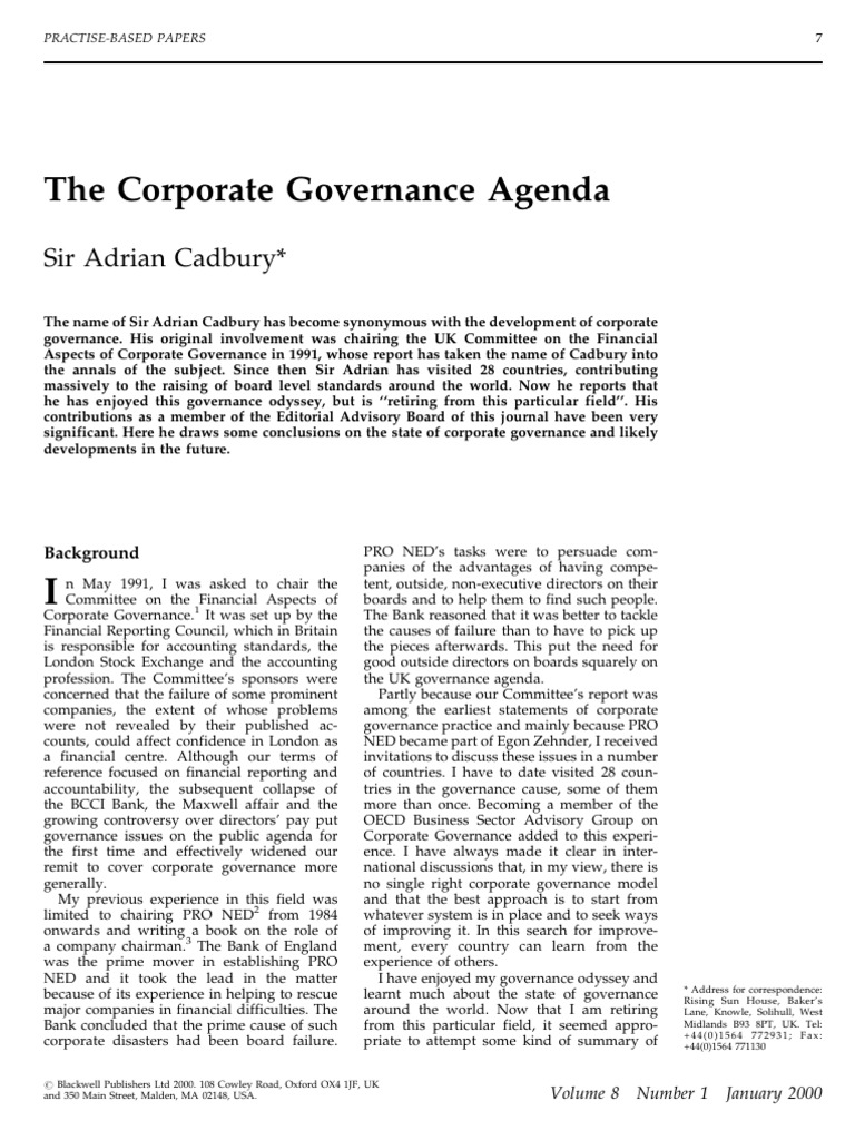 The Corporate Governance Agenda: Sir Adrian Cadbury | PDF | Governance ...