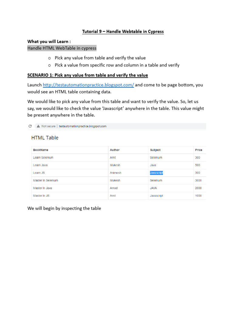 Tutorial 9 Handle WebTable in Cypress | PDF | Java Script | Computing