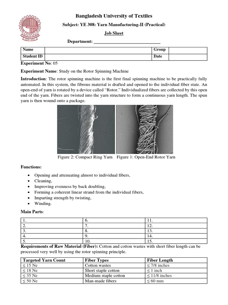 Rotor Job Sheet | PDF | Spinning (Textiles) | Yarn