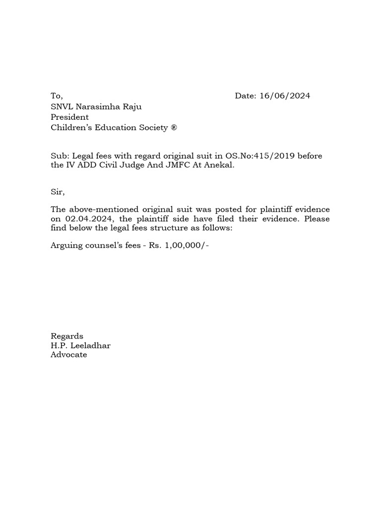 Legal Fees for OS.No:415/2019 | PDF