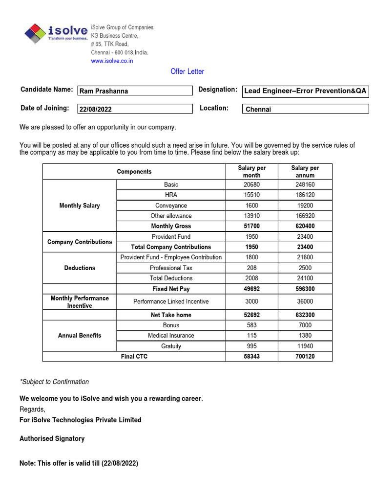 iSolve Job Offer Letter for Lead Engineer | PDF | Salary | Business