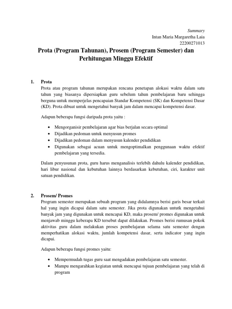 Prota (Program Tahunan), Prosem (Program Semester) Dan Perhitungan Minggu Efektif | PDF