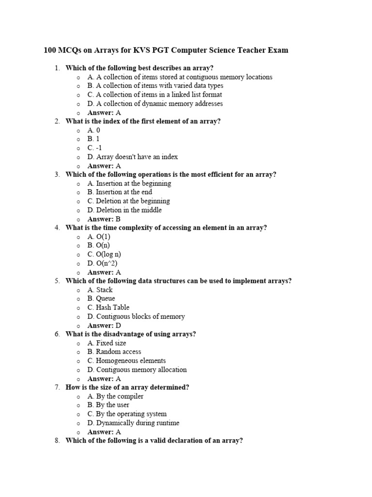 100 MCQs on Arrays | PDF | Data | Software Engineering 100 MCQs on Arrays | PDF | Data | Software Engineering