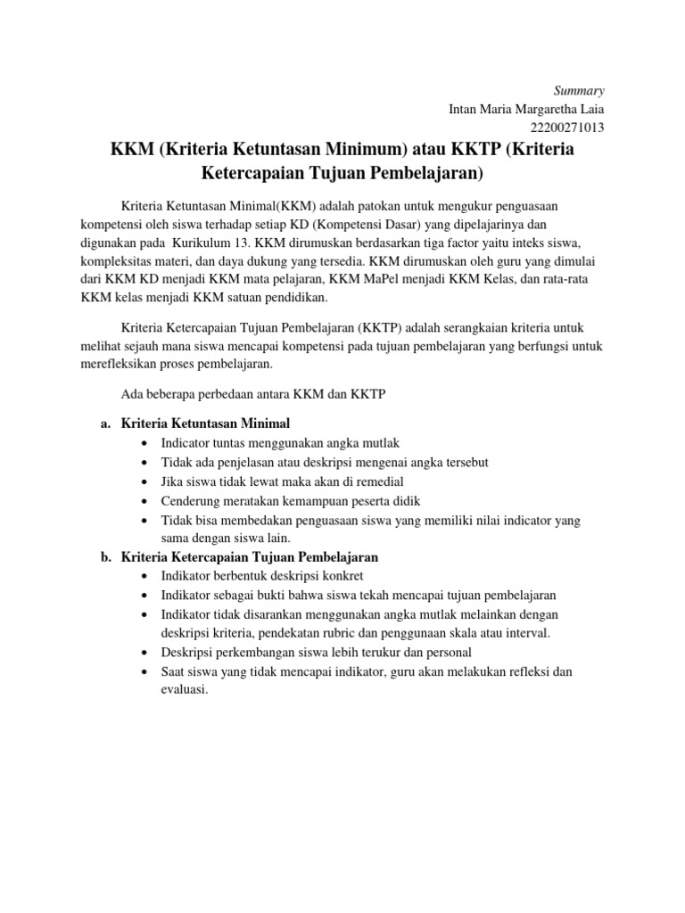 KKM (Kriteria Ketuntasan Minimum) Atau KKTP (Kriteria Ketercapaian Tujuan Pembelajaran) | PDF