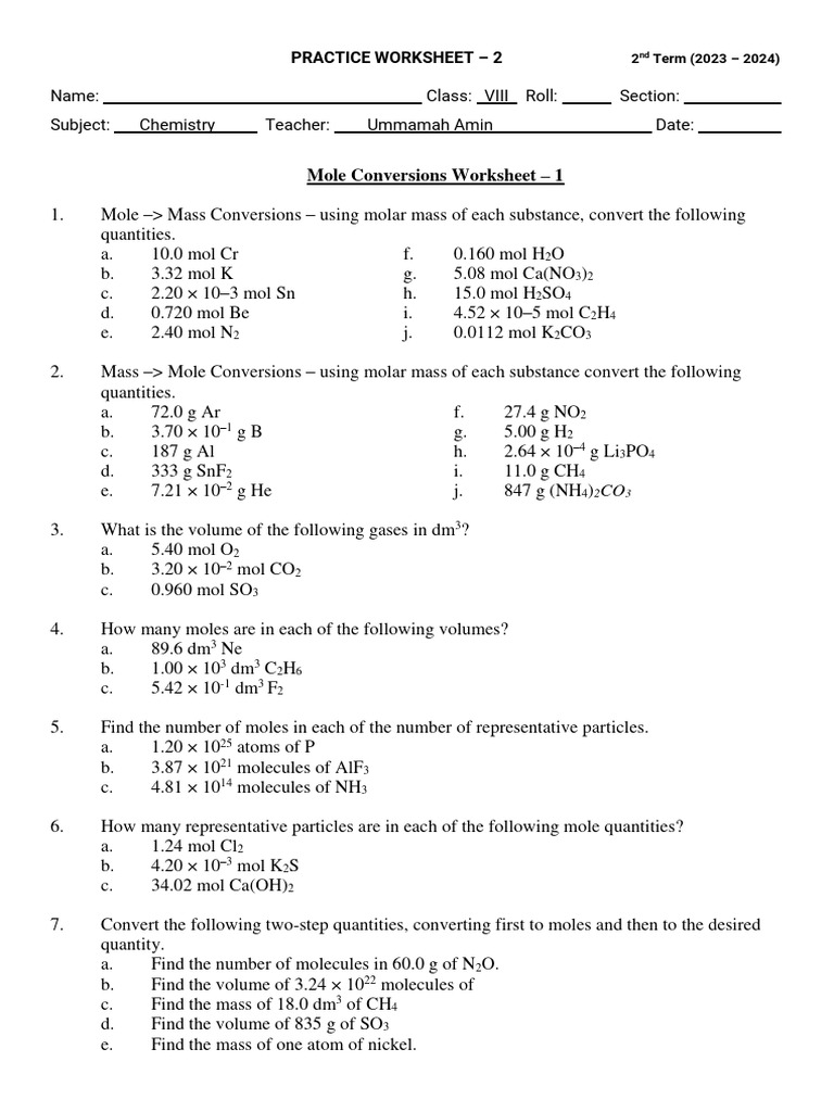 VIII Chemistry PWS 2 | PDF | Mole (Unit) | Units Of Measurement
