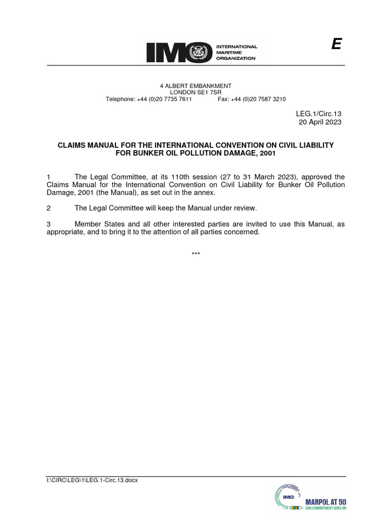 Claims Manual For The 2001 Bunker Convention | PDF | Oil Spill | Damages