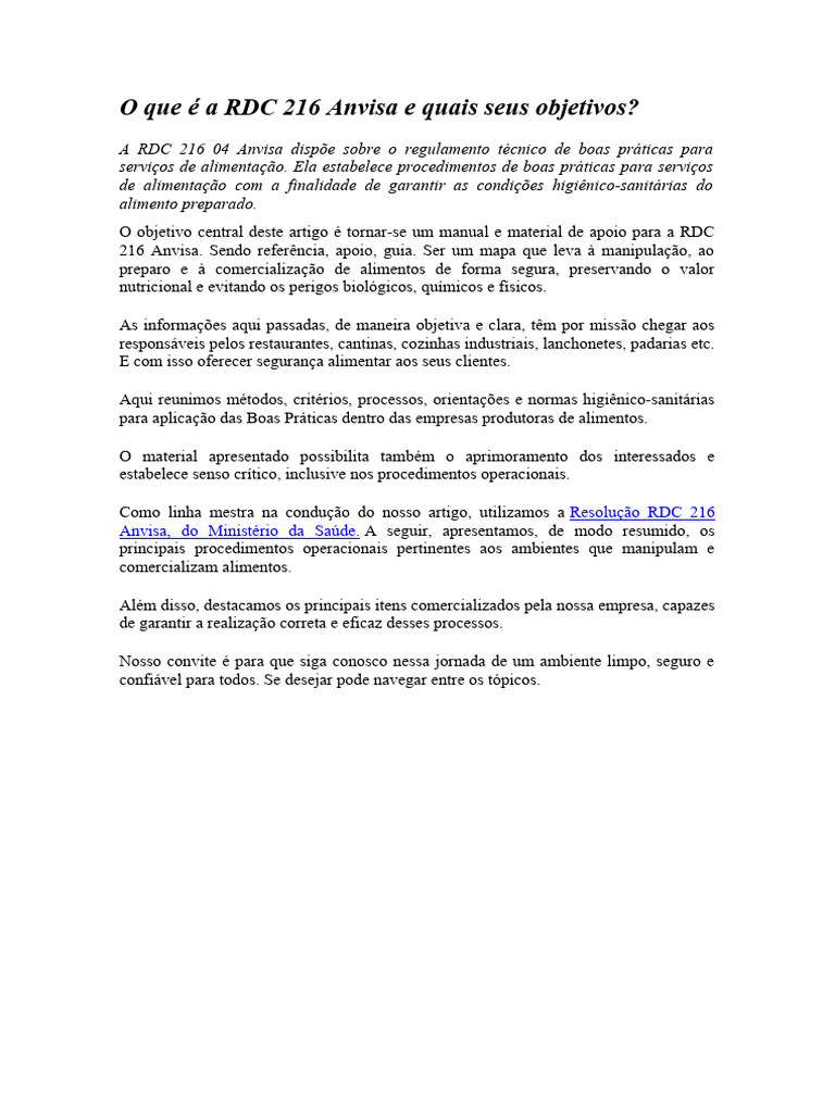O Que É A RDC 216 Anvisa e Quais Seus Objetivos | PDF | Microrganismo | Alimentos