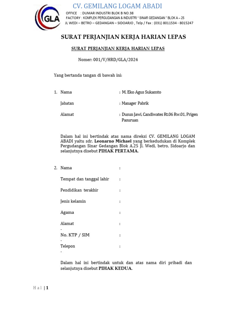 Surat Perjanjian Kerja Harian Lepas | PDF
