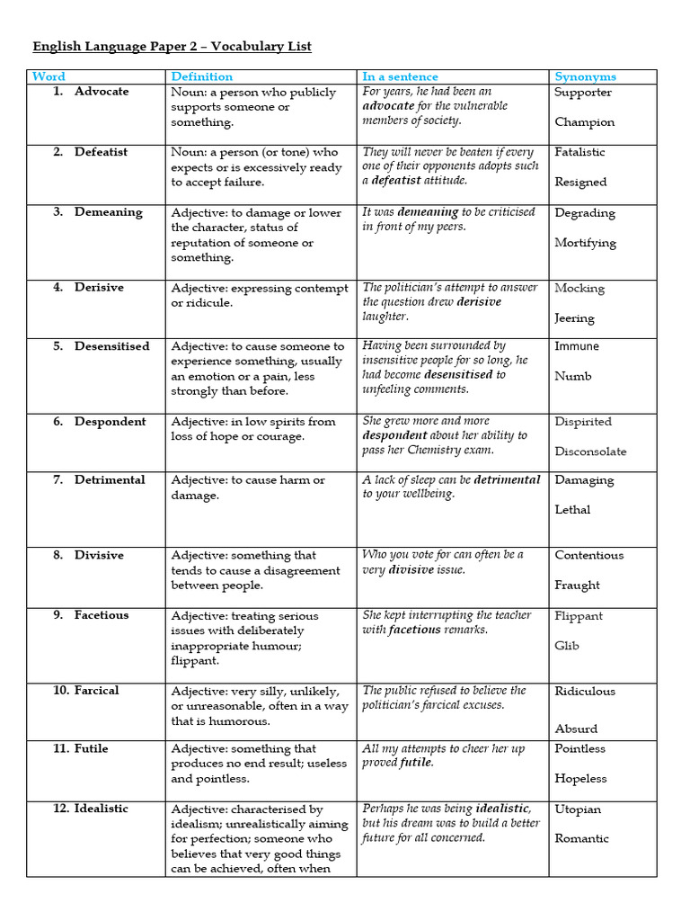 Year 11 Vocabulary List - English Language Paper 2.HT1 and HT2 | PDF ...